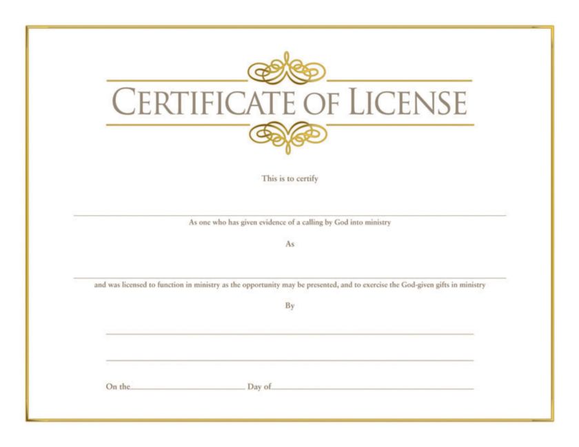 MINISTER LICENSE CERTIFICATE — Morning Star Christian Bookstores